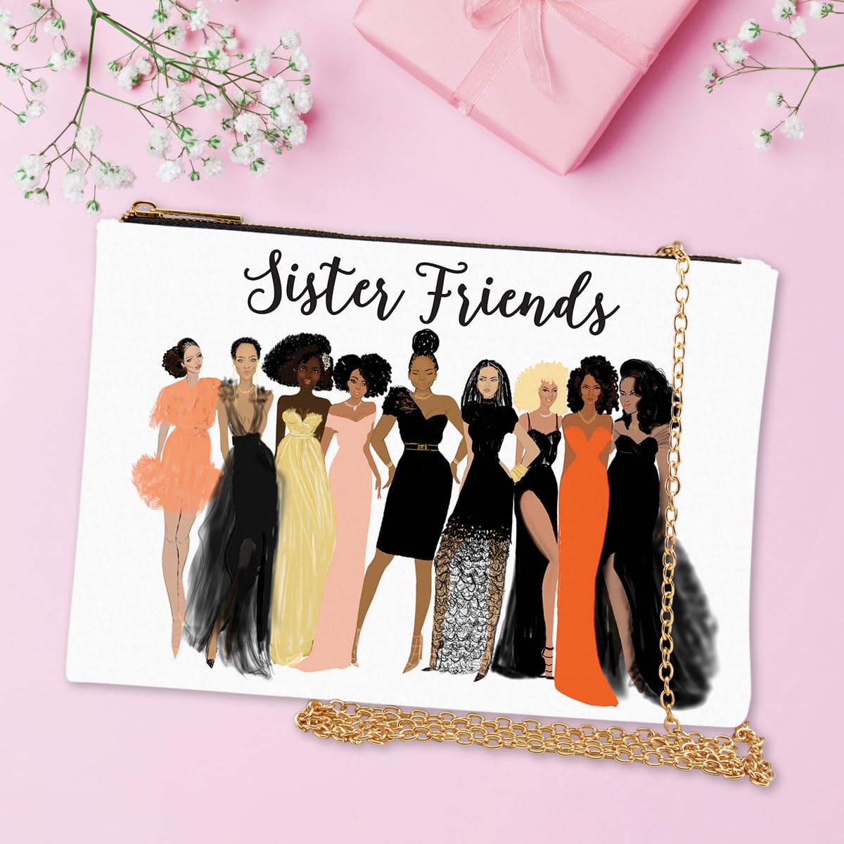 African American Expressions - Chain Purse, Sister Friends Nicholle Kobi, 10 x 7 Inch, 6 Inch Extension Cable Included, SP-02