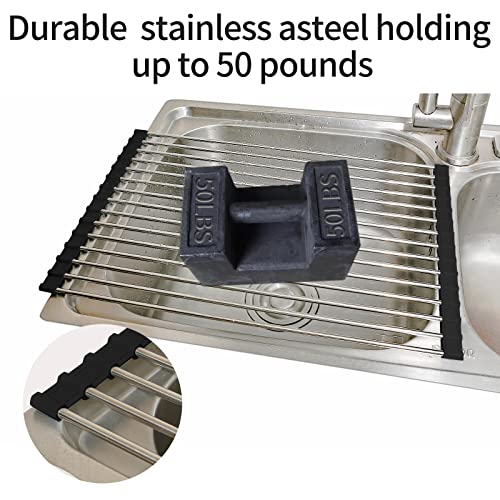 Ahyuan Roll up Dish Drying Rack Over The Sink Kitchen Roll up Sink Drying Rack Portable Dish Drainer Foldable Dish Drying Rack (Stainless Steel 17.7''X11.8'', Black)