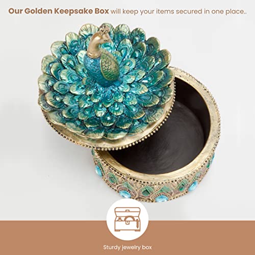 Bits and Pieces - Peacock Keepsake Box - Peacock Art - Golden Jewelry Box
