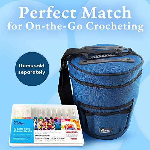 BeCraftee XL Crochet Bag - Large Craft Organizer to Store Crocheting & Knitting Supplies - Portable Yarn Storage with 7 Pockets for Tools, Shoulder Strap and Handle - Blue | Easy to Carry, Tangle Free