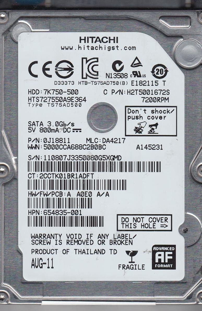 HTS727550A9E364, PN 0J18811, MLC DA4217, Hitachi 500GB SATA 2.5 Hard Drive (Renewed)