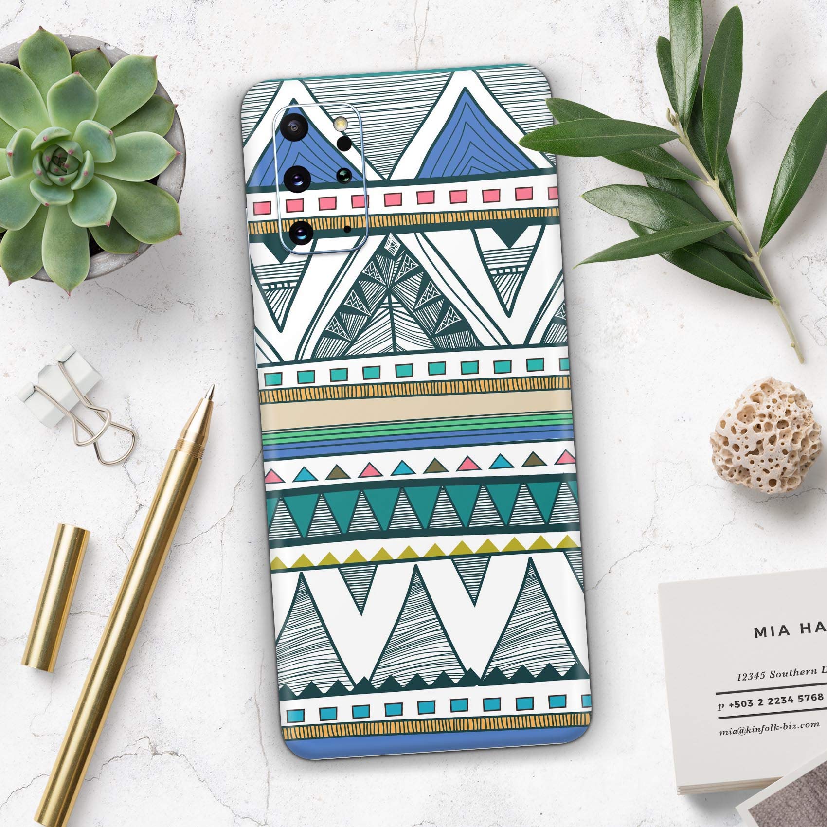 DesignSkinz Abstract Blue and Green Triangle Aztec Protective Vinyl Decal Wrap Skin Cover Compatible with The Samsung Galaxy S20 (Screen Trim & Back Glass Skin)