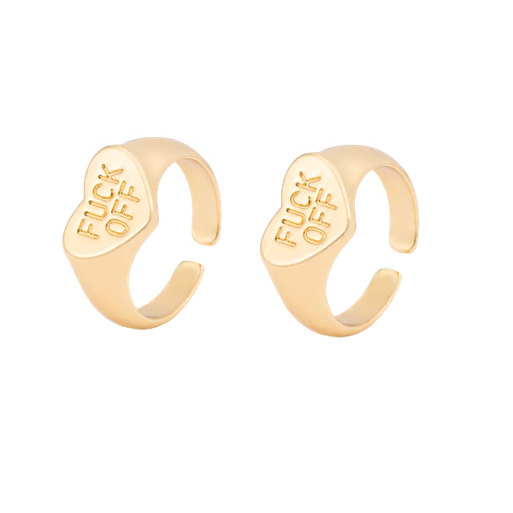 2Pcs Personalized FUCK OFF Words Heart Band Ring for Women Girls Vintage Cool Open Adjustable Stacking Knuckle Ring Hip Hop Style