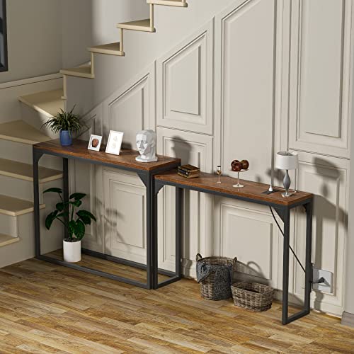 AISUNDY Console Table with Power Outlet & USB Ports, 63 Inch Narrow Long Sofa Table Set, Rustic Entryway Table Behind Sofa Couch, Industrial Vintage Hallway Table Nesting Side Table, Set of 2