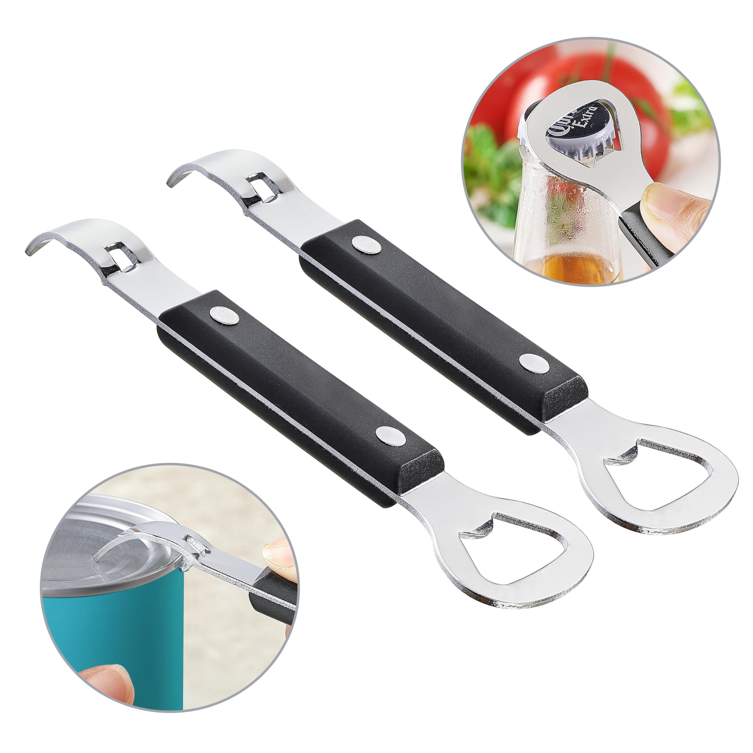 2PCS Can Opener Manual, Little Cook Stainless Steel Can Punch Bottle Opener, 2 in 1 Multifunctional Can and Beer Opener, Dishwasher Safe (2 Pack, Black)