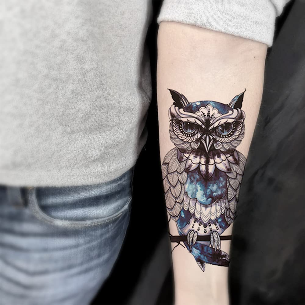 20 Sheets Large Owl Temporary Tattoos for Men Women, Realistic Owl Temporary Tattoo Stickers for Adults 3D Fake Wolf Lion Dragon Totem Animals Tatoos
