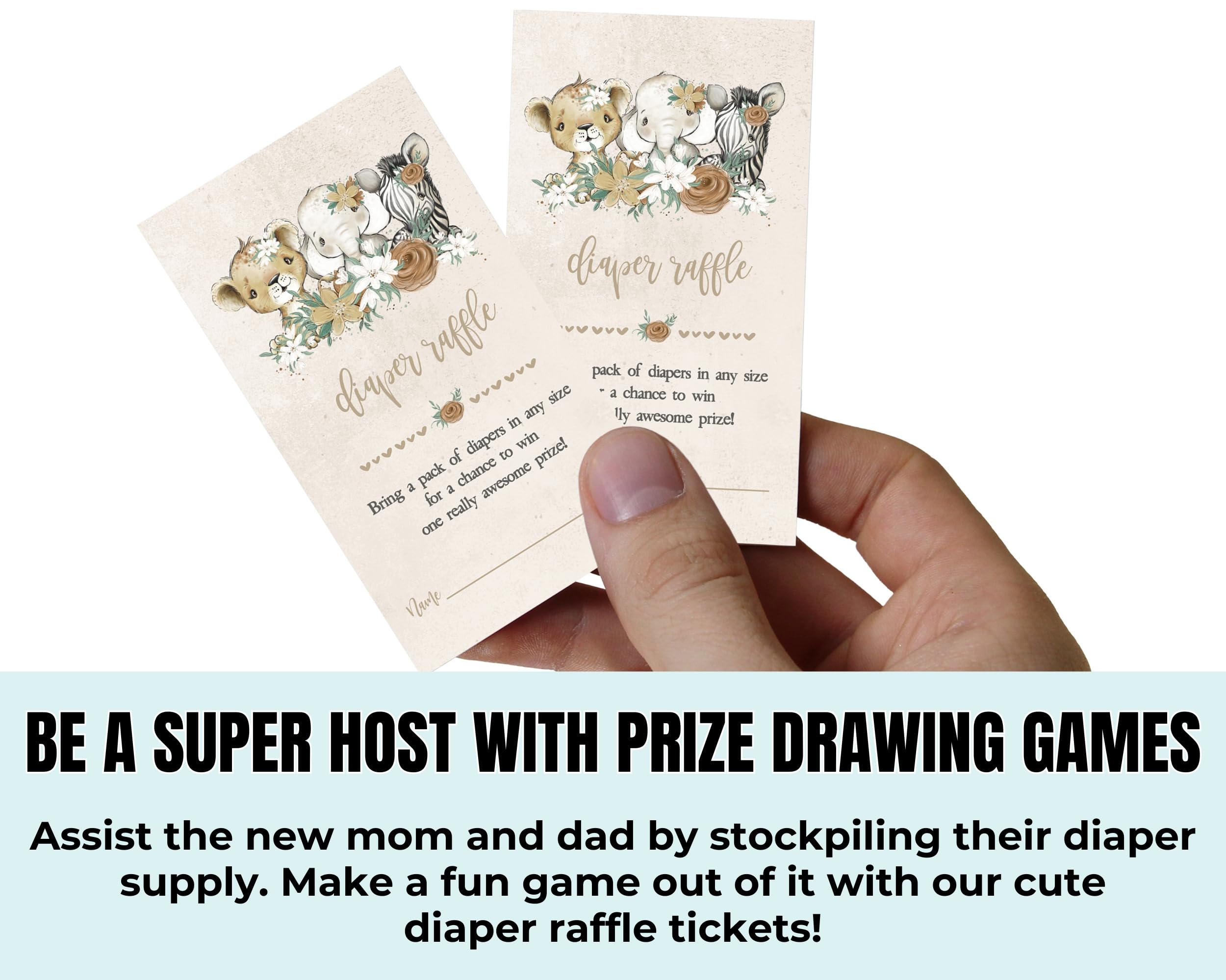 Paper Clever Party Flora Safari Diaper Raffle Tickets for Baby Shower Games, Invitation Insert Cards, 50 Pack