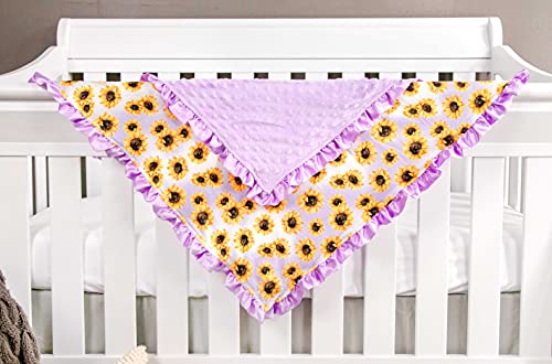 Top Tots Baby Blanket - Small Sunflowers with Purple Minky Dot & Satin Ruffle, 31 x 31 Inch Yellow