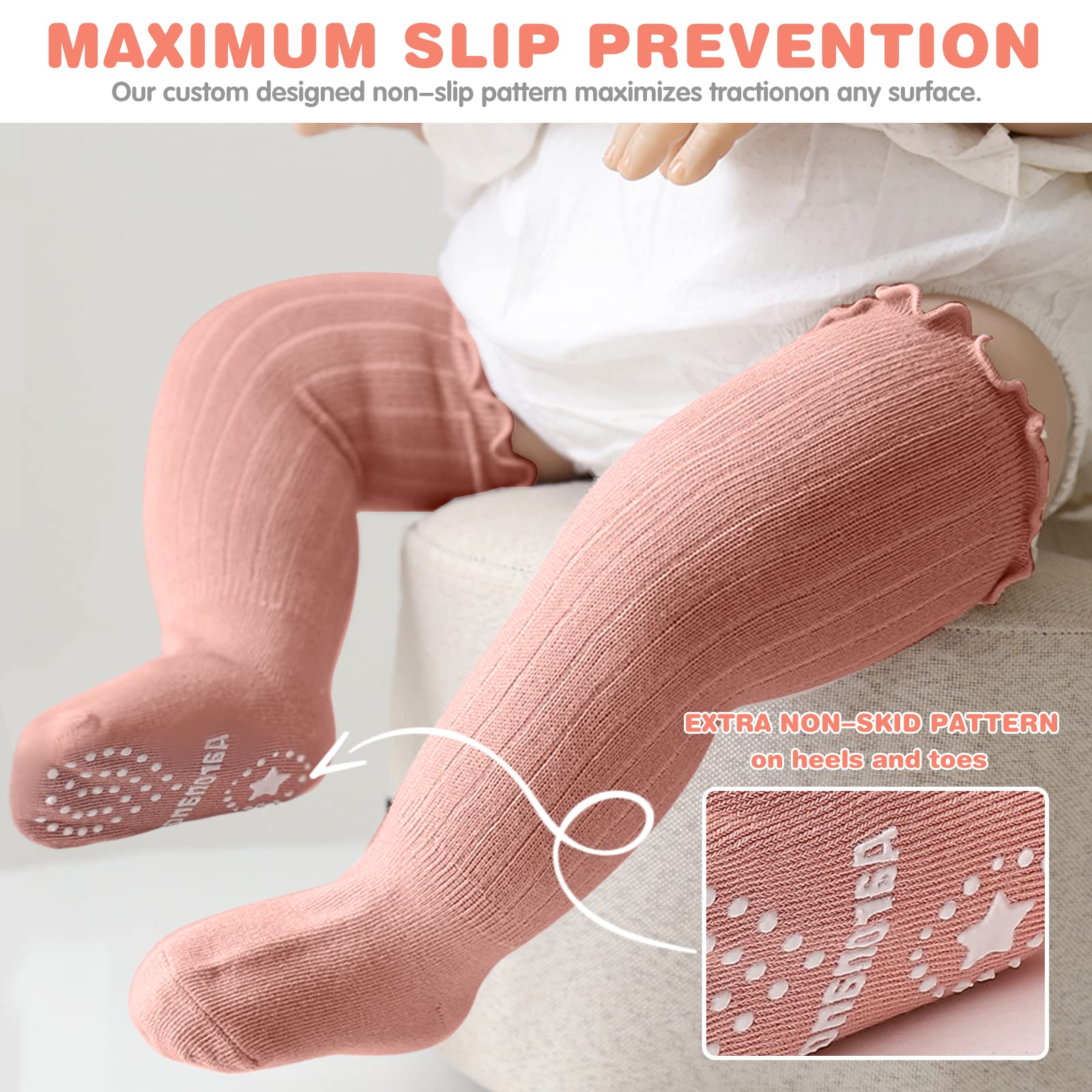 Aaronano Non-slip Knee High Socks Baby Girls Grippy Sock Frilly Ruffle 5 Pairs(2 white + 2 pink + 1 nude,0-6 Months)