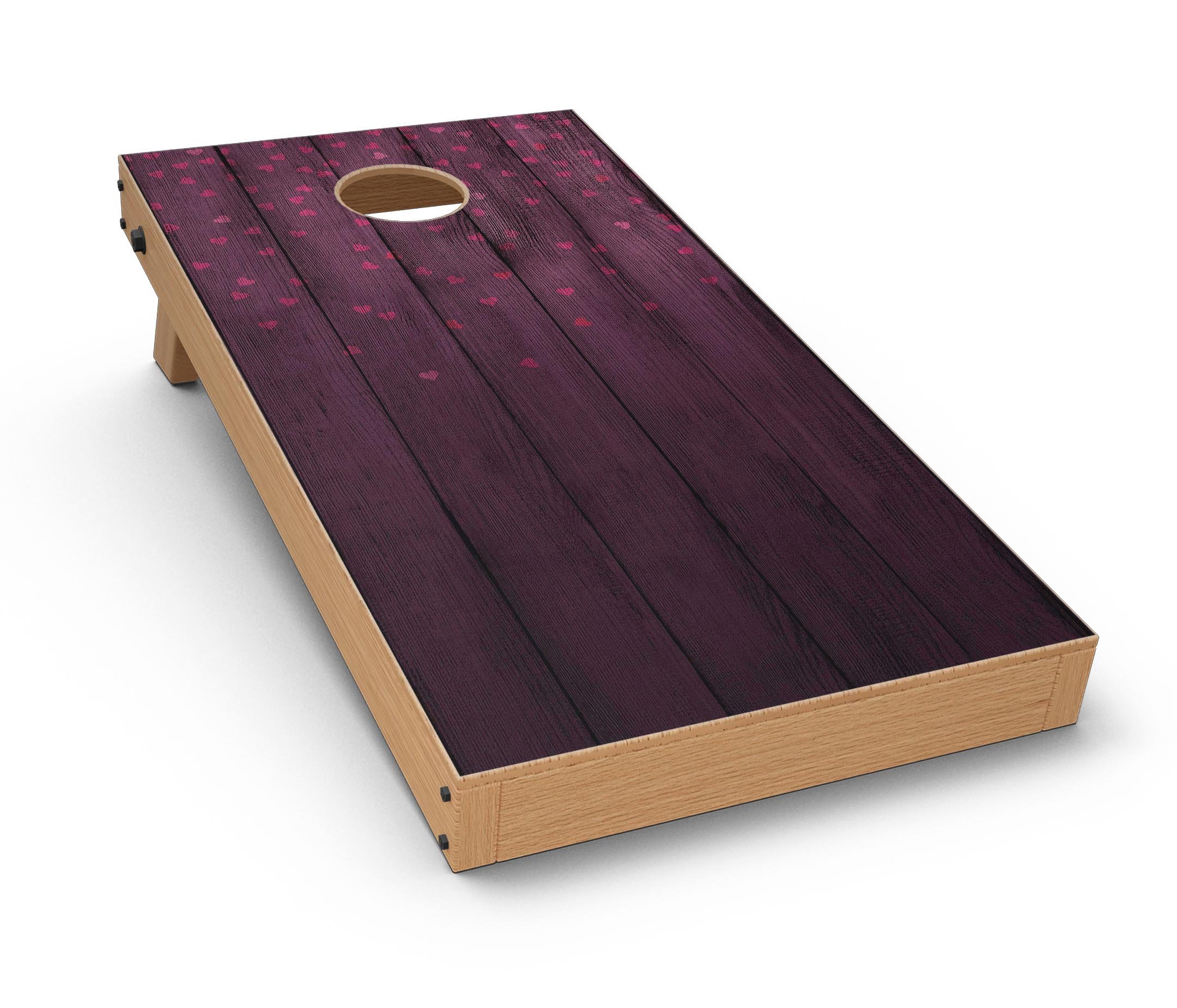 Design Skinz Wood Skin Set for Cornhole (Skin Only) - Falling Micro Hearts Over Burgundy Planks of Wood