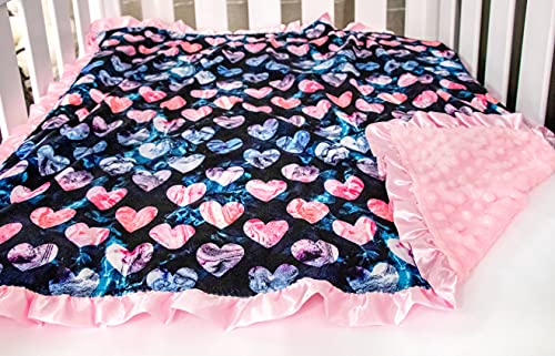 Top Tots Baby Blanket - Small Colored Hearts with Pink Minky Dot & Satin Ruffle, 31 x 31 Inch Blue