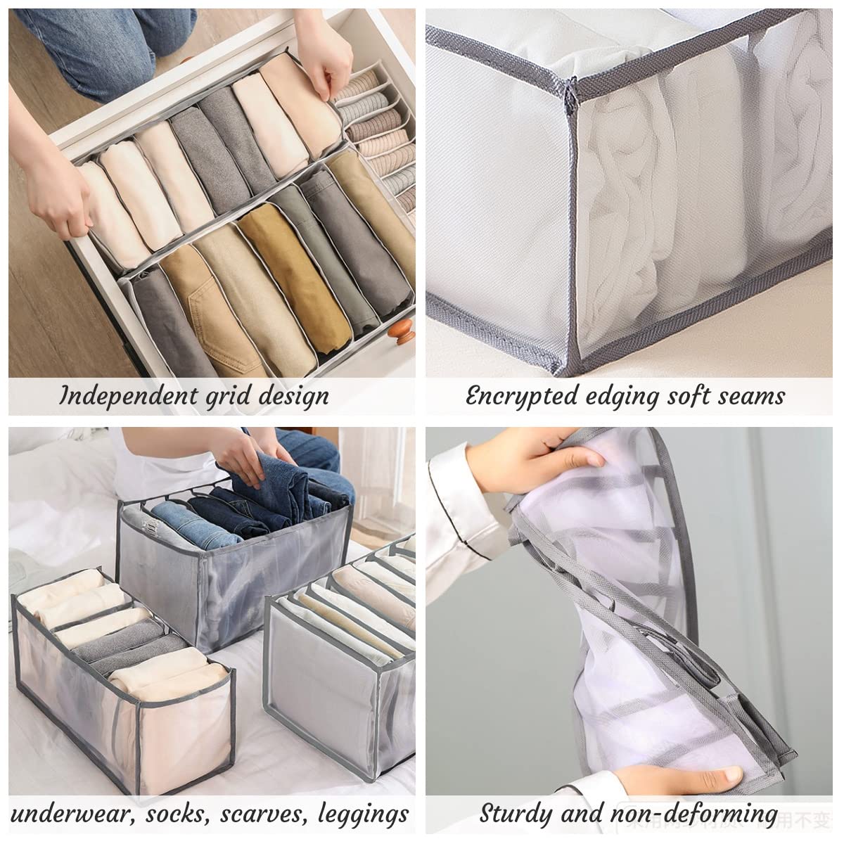 Aposemo Clothes Organizer Drawers Wardrobe Compartment Separation Underwear Portable 7 Grids Storage Box Mesh Washable (2 Pcs Grey Small+Grey Large)