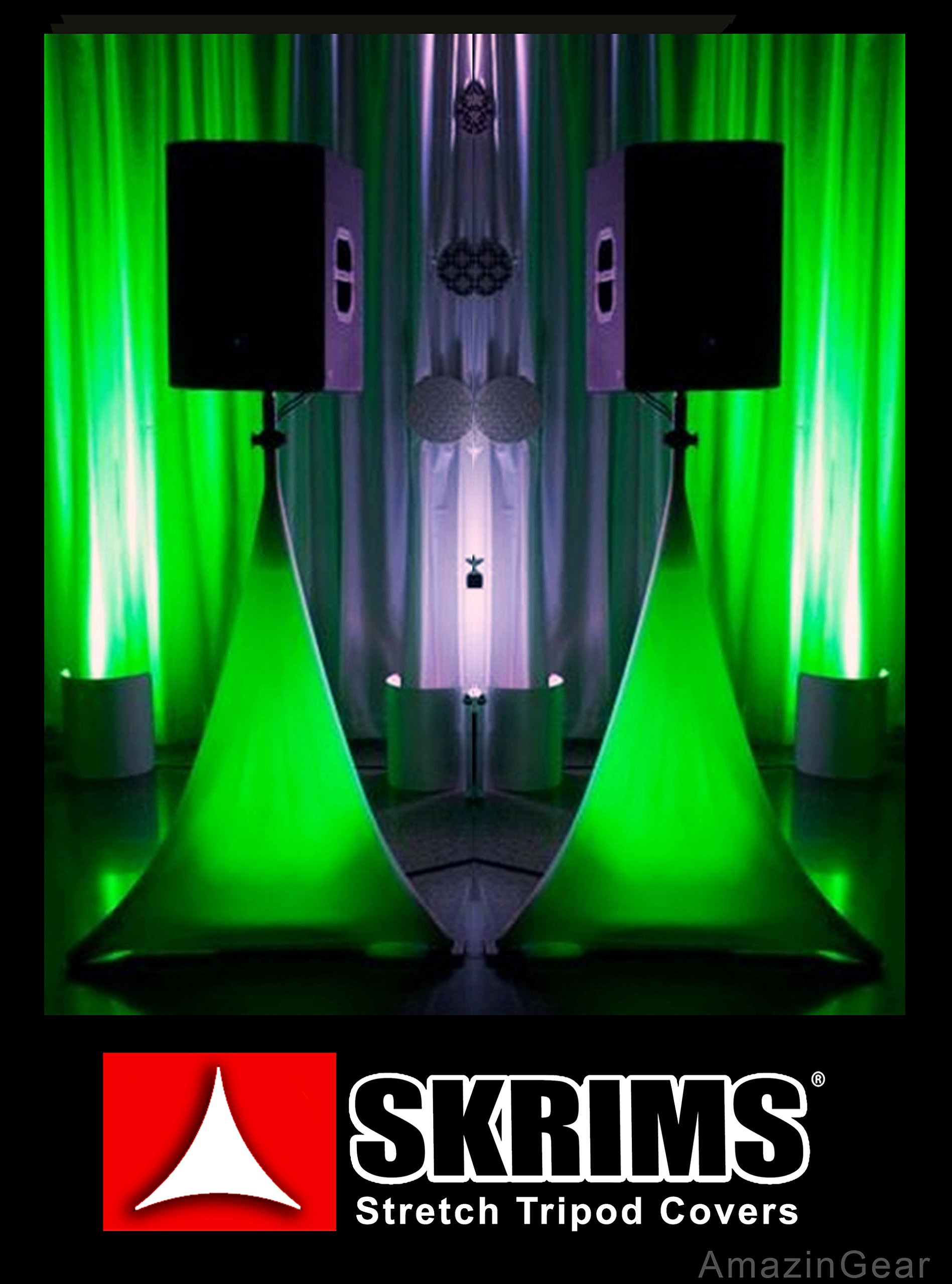 2-Pack Amazin Gear SKRIMS Tripod Speaker Stand Stretch Covers, Triple Sided DJ Scrims, Spandex DJ Skirts +2 FREE Travel Bags, 3-Sides Perfect for Glow Lighting Effect, WHITE PAIR (SKRIMS-3W-2)