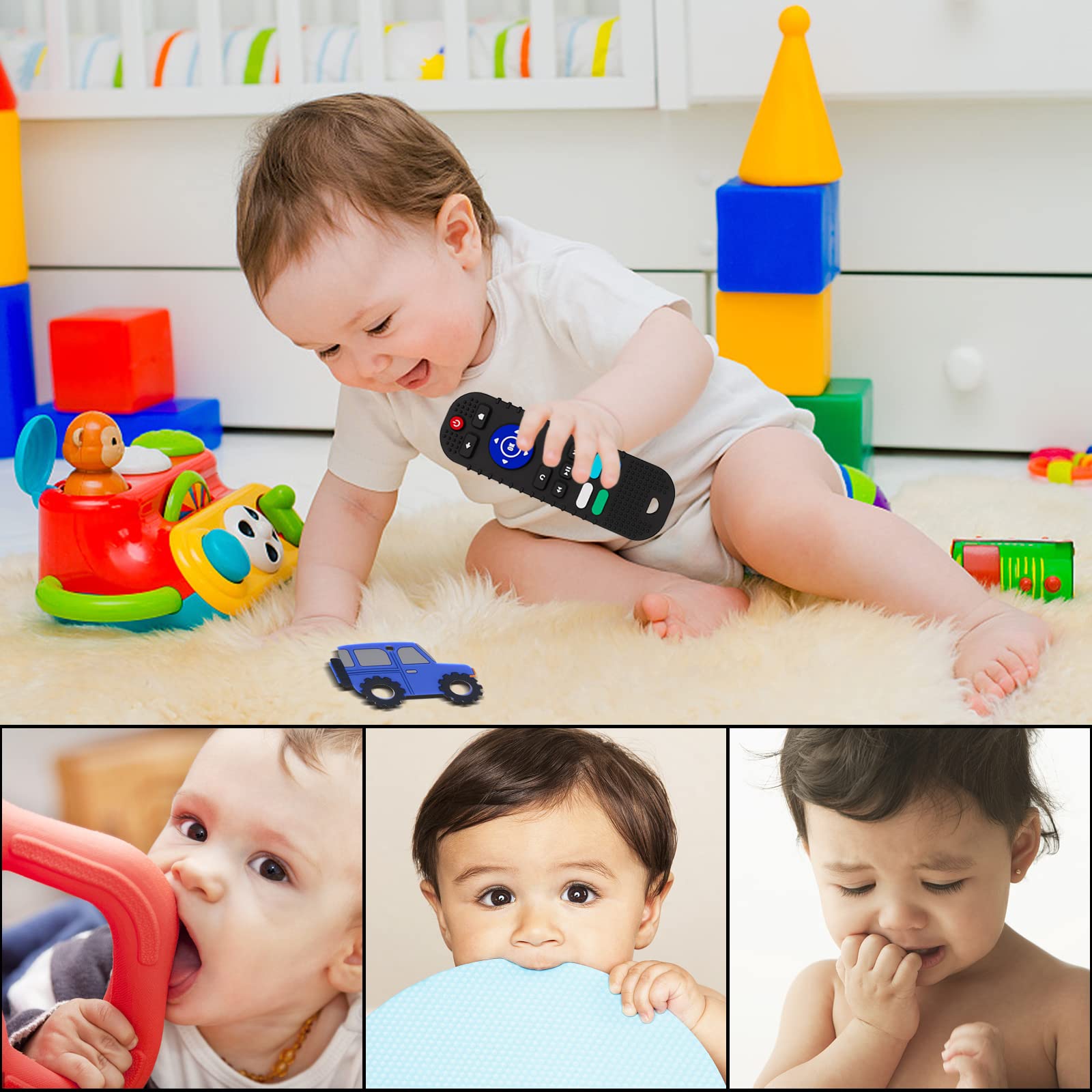 2 Pack Baby Teething Toys Remote Shape Teether Toy Soft Silicone Baby Chew Toy for Babies Soft-Textured Teether, Baby Chew Toys Sensory Toys (1 Rmote, 1 Car)