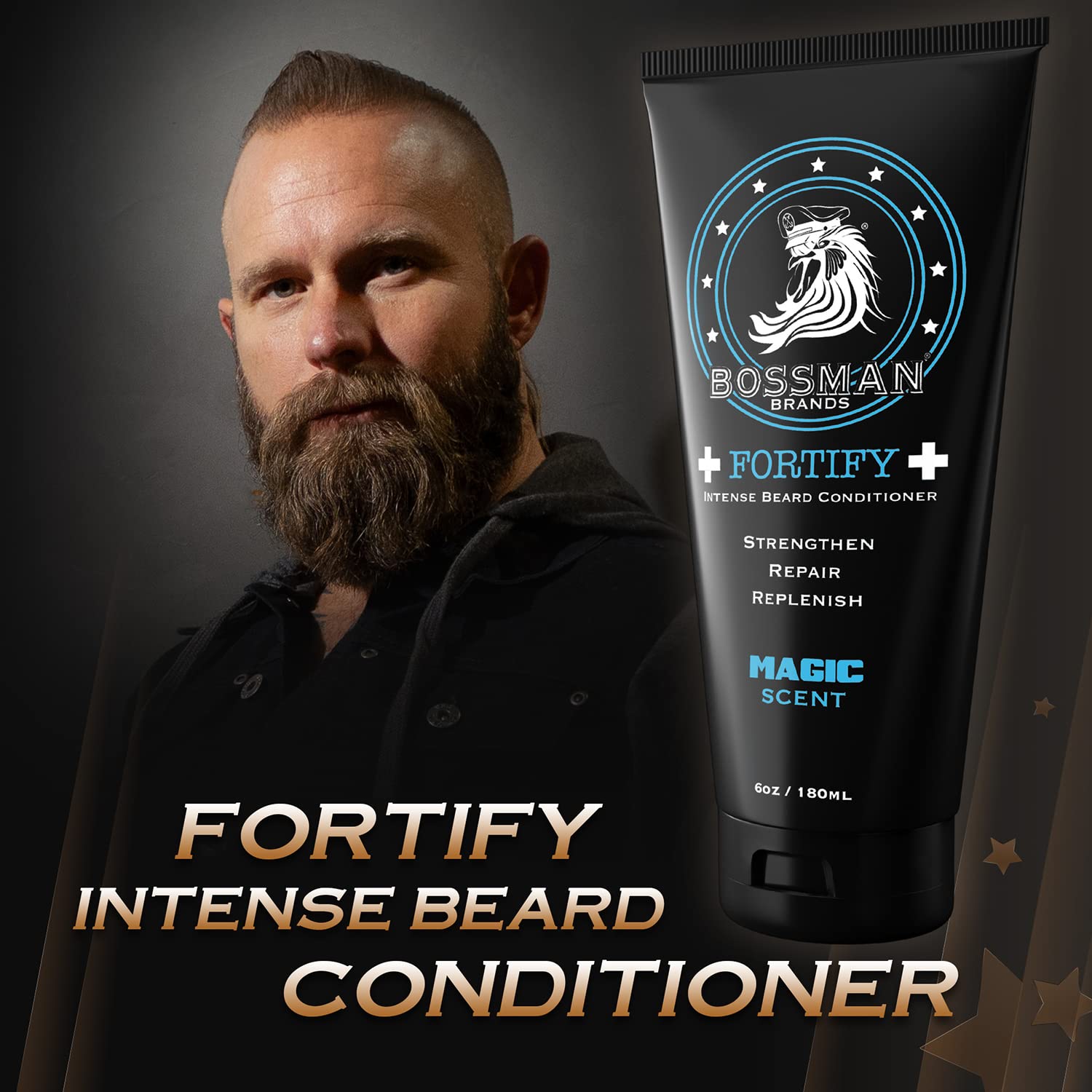Bossman Fortify Intense Beard Conditioner - Shower Beard Wash, Moisturizer and Beard Softener for Men - Beard Growth Products - Made in USA (Magic Scent)
