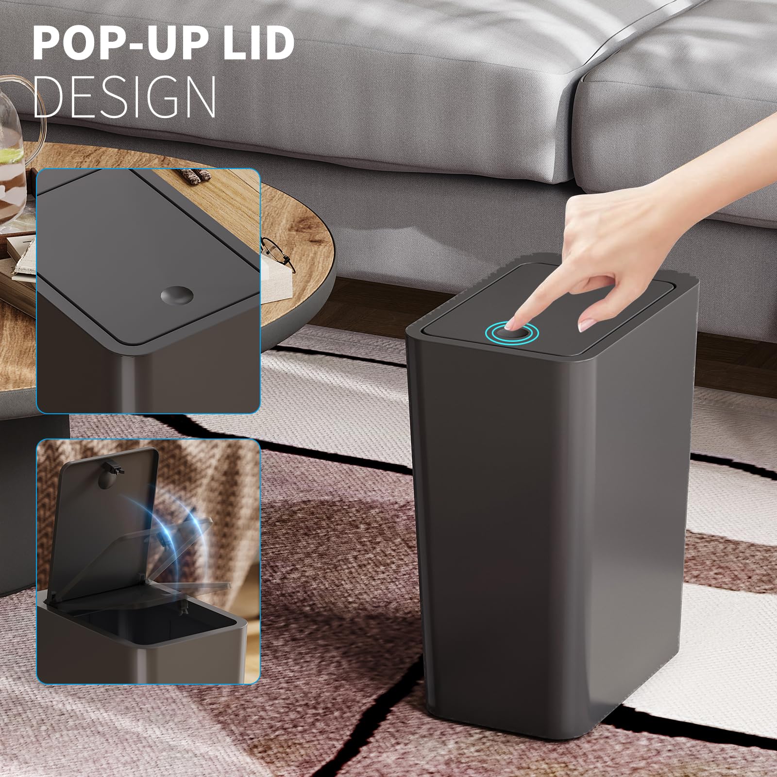 2 Pack Bathroom Trash Can with Lid, 4 Gallons/15L Slim Garbage Can with Pop-up Lid, Small Trash Bin, Plastic Dog Proof Trashcan, Waste Basket for Bathroom, Bedroom, Kitchen, Office, Dorm, Grey