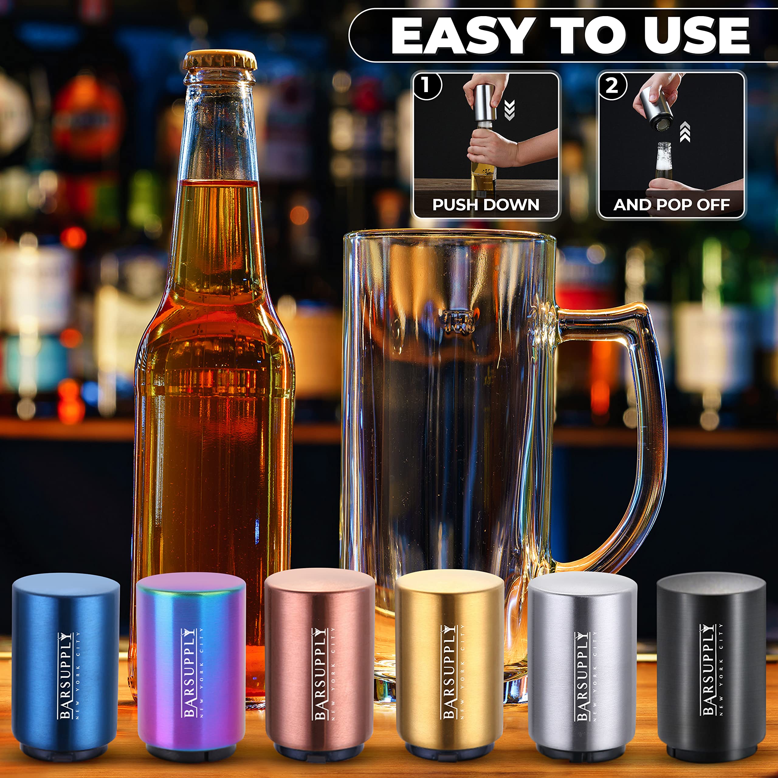 2-Pack Beer Bottle Opener | Push Down and Pop Off Bottle Opener | Automatic Beer Top Popper | Magnetic Cap Catcher | Stainless Steel | Glass Soda Bottle Decapitator | Fun to Use | Set of 2