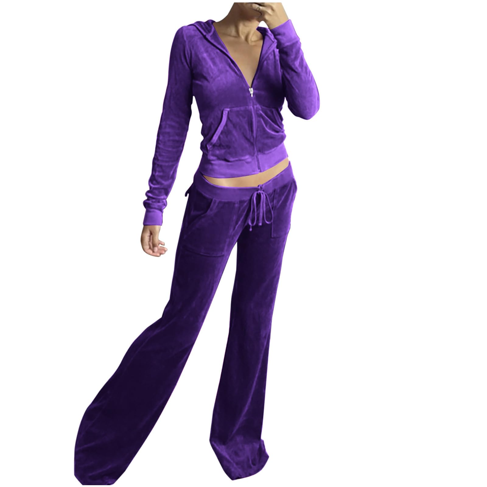 2 piece outfits Lounge Sets for Women Zip Up Casual 2 Piece Pant Sets Long Sleeve Hooded Sweatshirts Comfy Velvet Fashion Outfits Purple XXL
