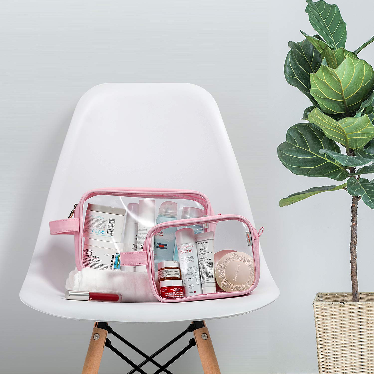 GAGAKU 2pcs Clear Toiletry Bag TSA Approved Travel Toiletry Bags Liquid Bag with Handle Strap, Waterproof Transparent Makeup Cosmetic Bags for Women - Light Pink