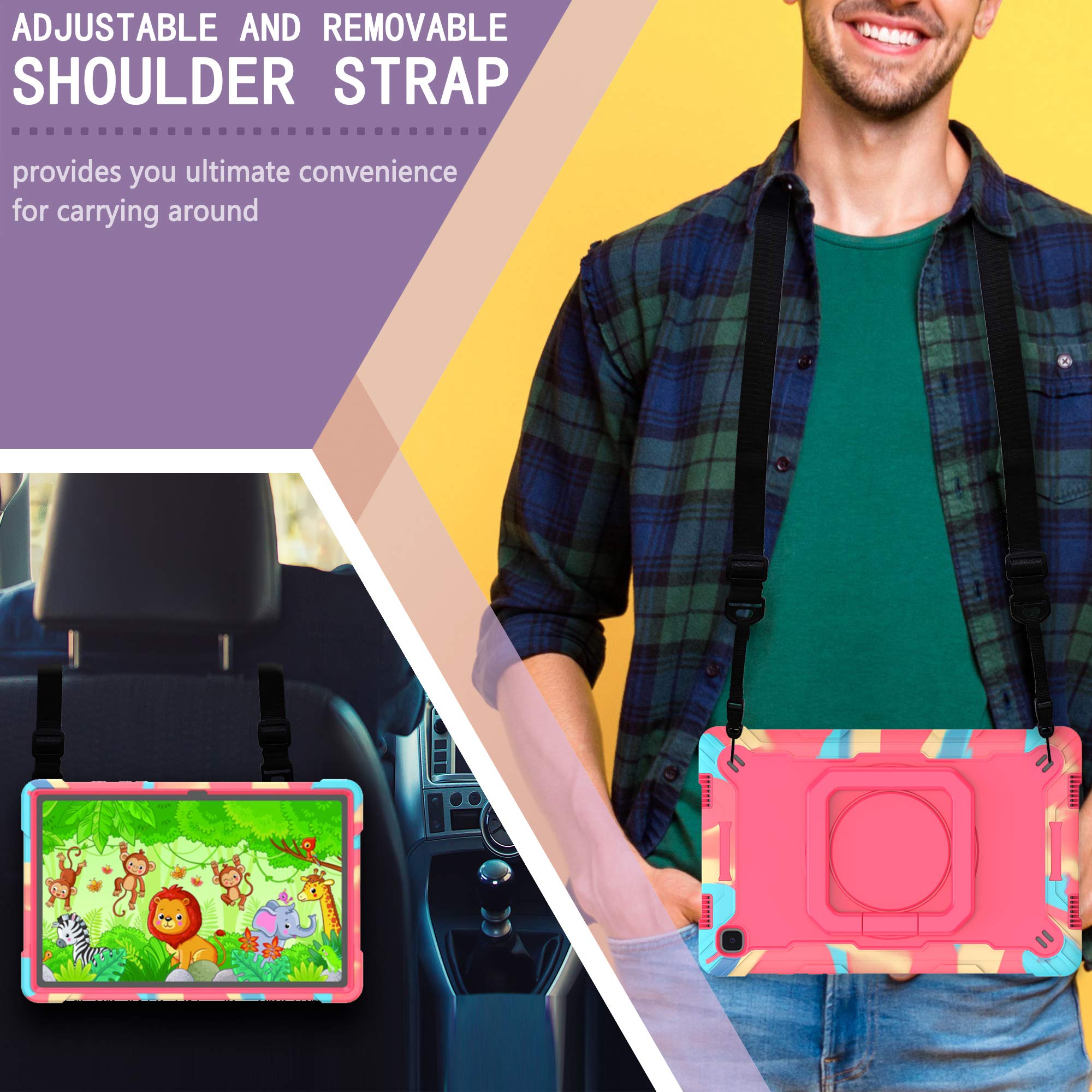 TDA Trading Case for Samsung Galaxy Tab A7 10.4" 2020 (SM-T500/ SM-T503/ SM-T505/ SM-T507) - Hybrid Shockproof 360 Rotating Multi-Functional Ring Stand Case with Shoulder Straps (Multicolor/Pink)