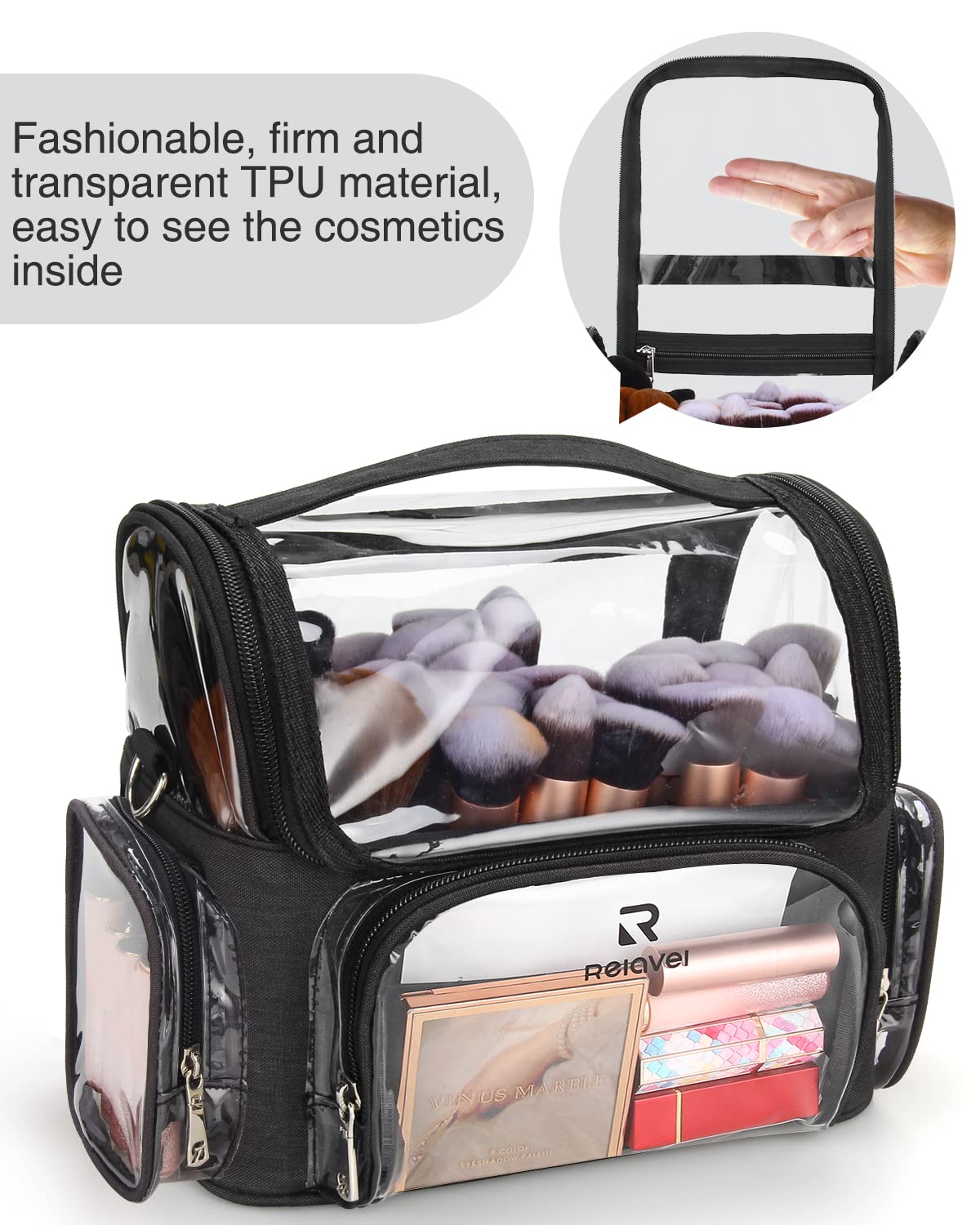 NAONAYA Makeup Brush Case, Large Makeup Brush Holder Professional Makeup Artist Travel Case Clear Waterproof Cosmetic Organizer Bag, Full Open Easy to Access, with Adjustable Strap and Dividers