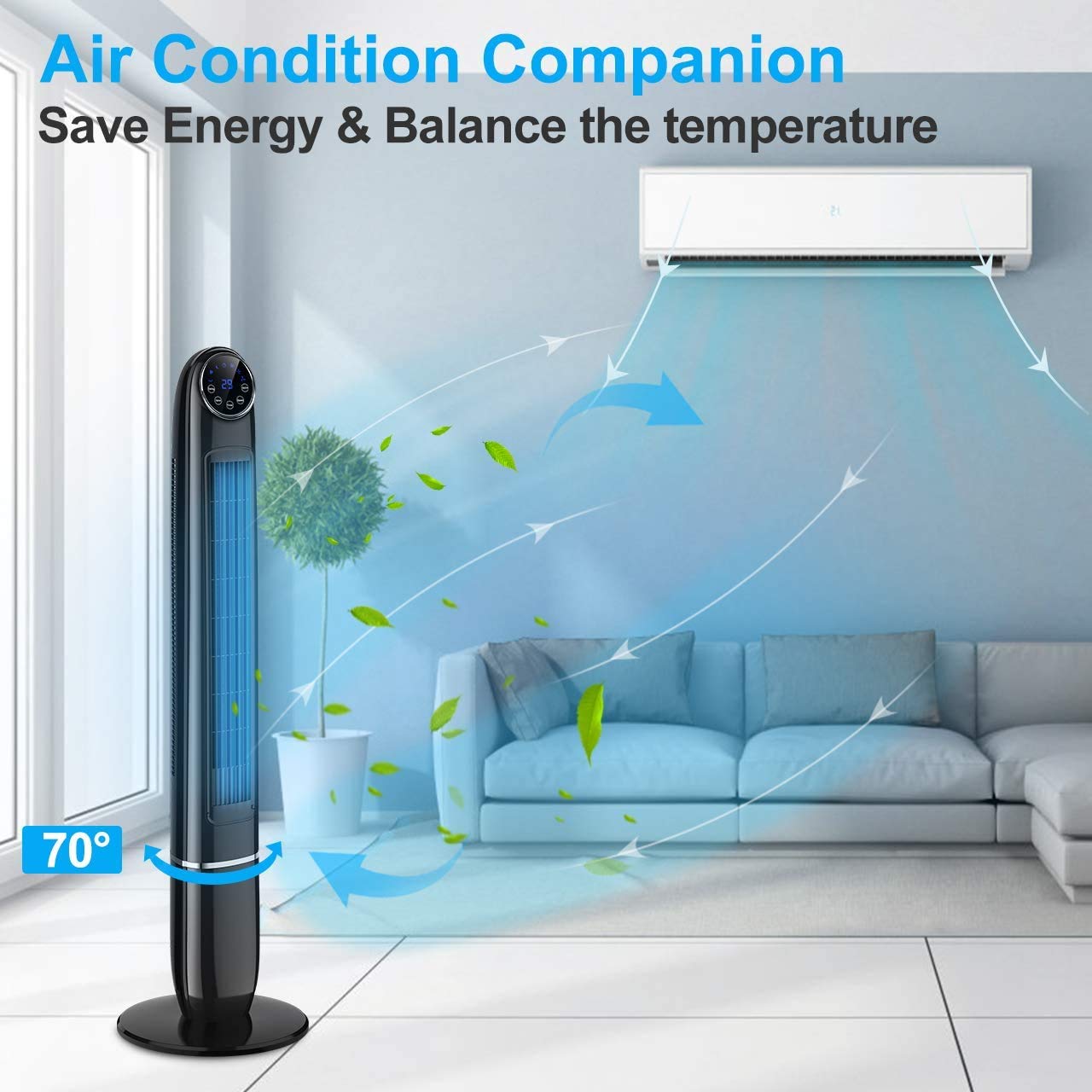Air Choice Evaporative Cooler with Remote, 48" Bladeless Cooling Tower Fan with 3 Speed & 3 Modes, Quiet High Velocity Tower Fan Air Conditioner with LED screen, Tail Fan with 12 Hours Timer
