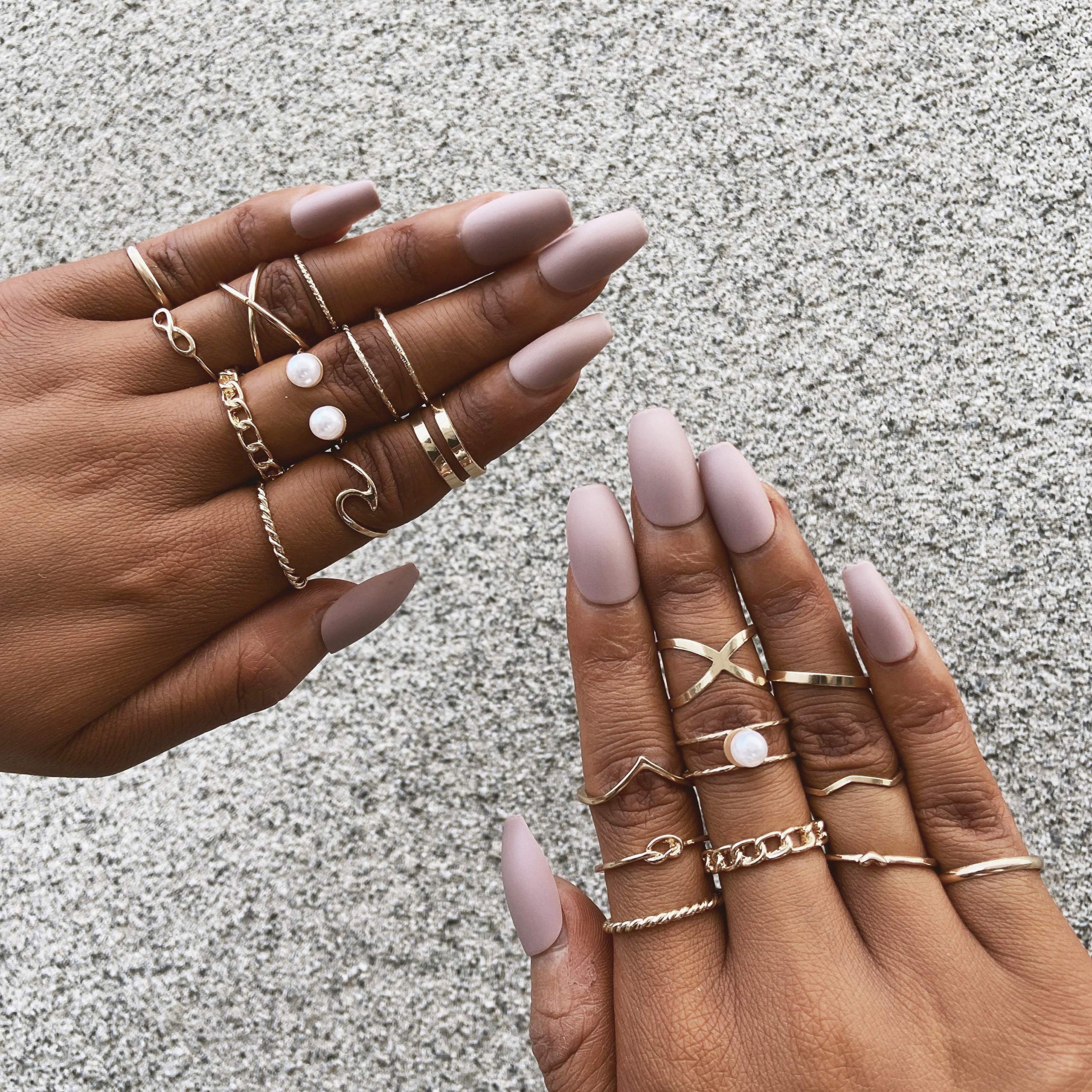17 MILE 10 Pcs Gold Knuckle Stackable Rings Set for Women, Bohemian Gold/Silver Plated Comfort Fit Vintage VSCO Wave Joint Finger Rings Gift (Gold)