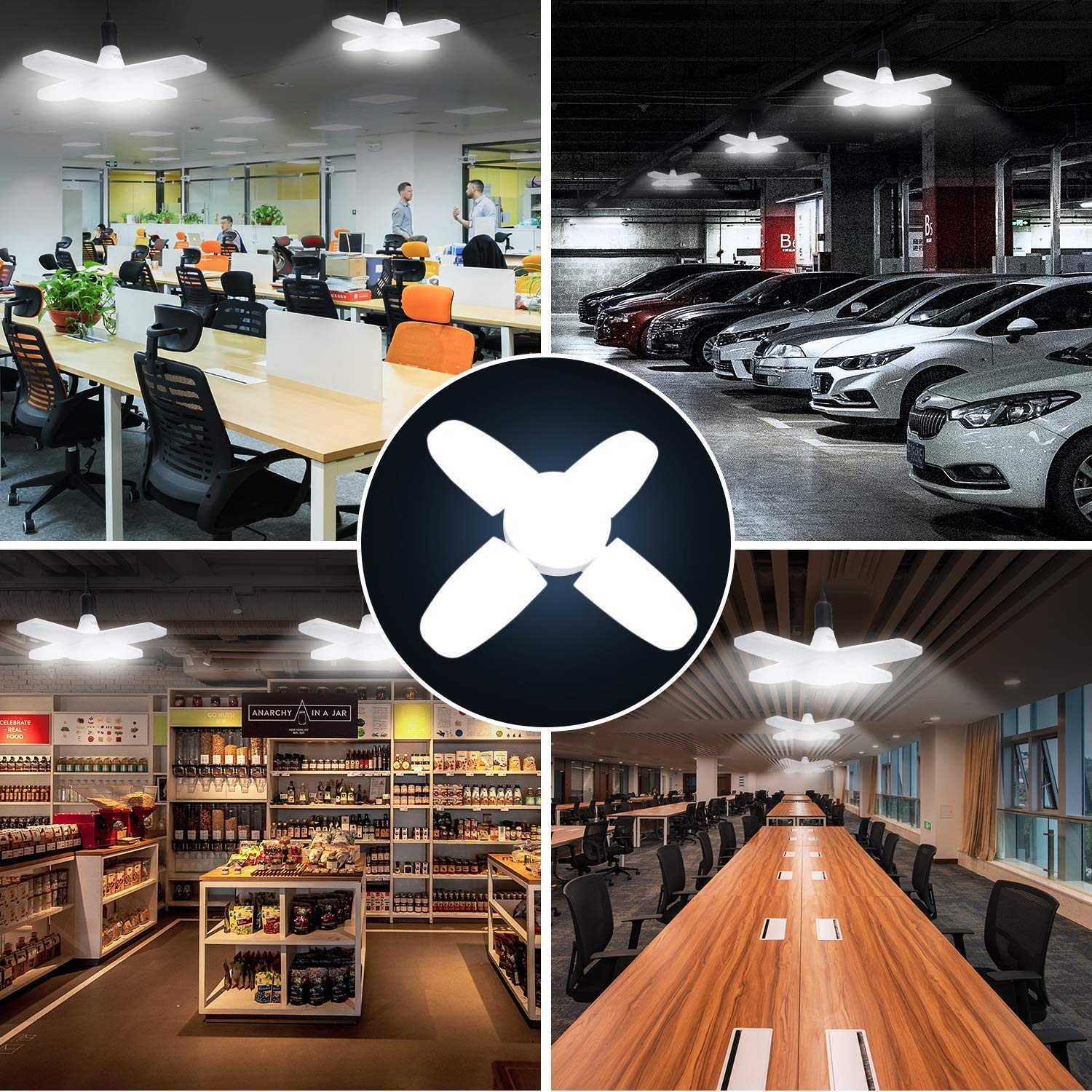 2-Pack LED Garage Lights 60W Deformable Garage Ceiling Lighting E26 6000LM Daylight LED Light Bulbs Adjustable Led Shop Lights Super Bright Working Light for Garage Workshop Barn Warehouse Basement