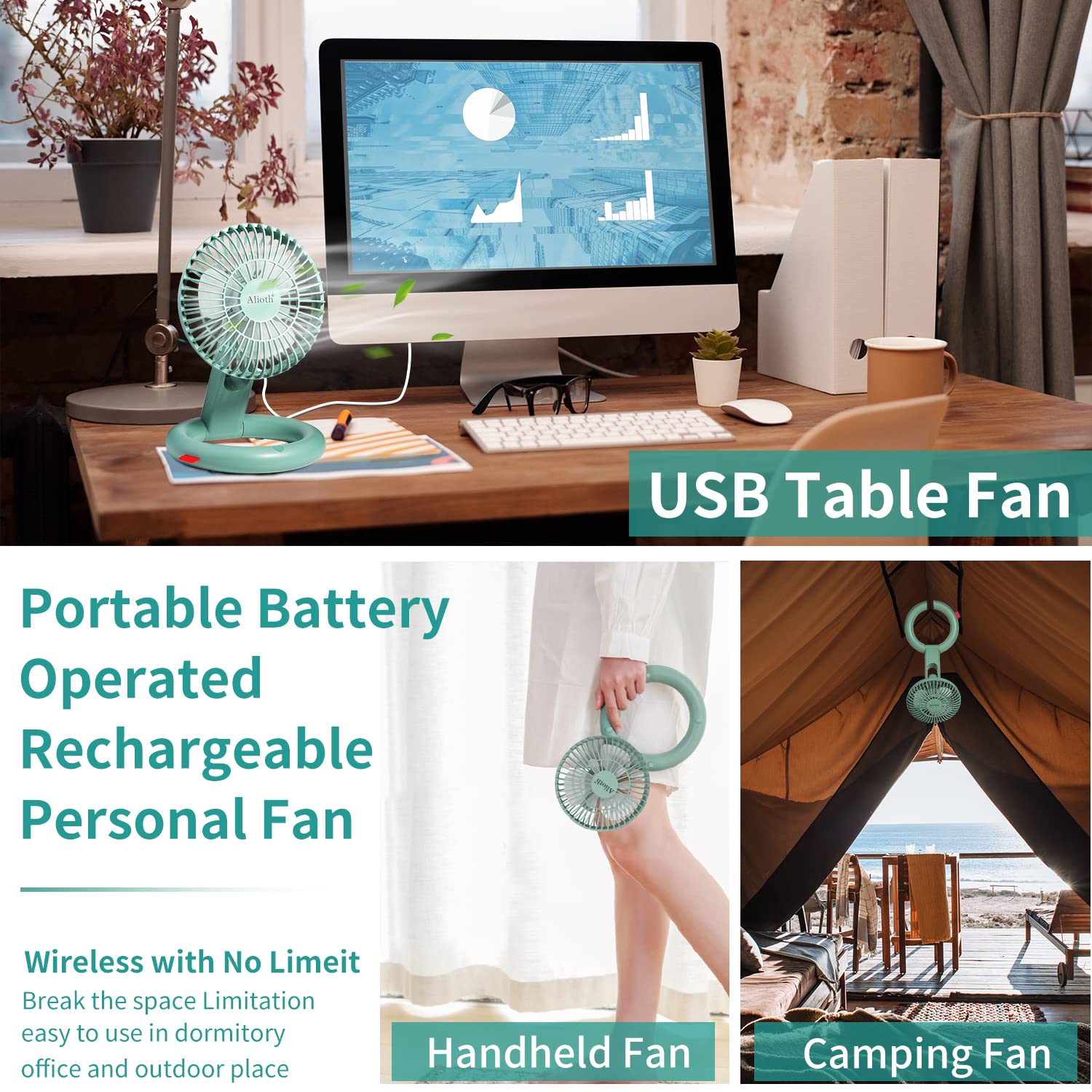 Alioth Portable Desk Fan, Personal Fan,Foldable and Rechargeable, 3 Speeds Super Quiet Battery Operated Fan for Office, Home, Outdoor (White)