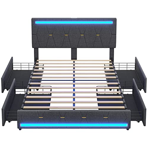 ADORNEVE Queen Bed Frame with 2 USB Charging Station, LED Lights Headboard Footboard, Upholstered Platform Bed with Storage Drawers, No Box Spring Needed, Dark Grey