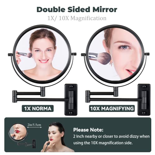 mumianshu Wall Mounted Makeup Mirror, 1x/ 10x Magnifying Makeup Mirror, 8" Double Sided Make up Mirror with 360 Degree Swivel Extendable Arm, Home Bathroom Shaving Vanity Mirror (Black)