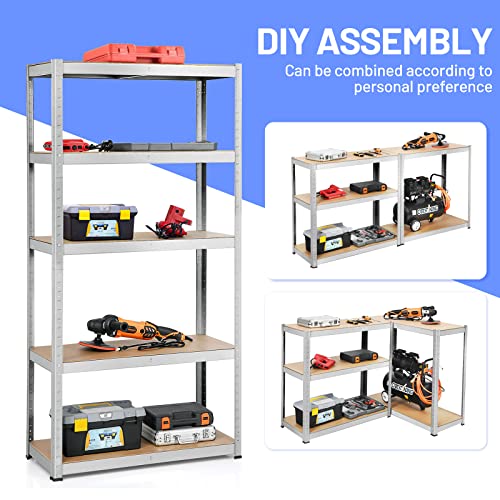ERGOMASTER 5 Tier Utility Shelves Rack Garage Heavy Duty Steel Metal Shelving Unit with Adjustable Design, Bolt-Free Assembly & 380 LBS Wight Capacity Per Tier (1, Silver)
