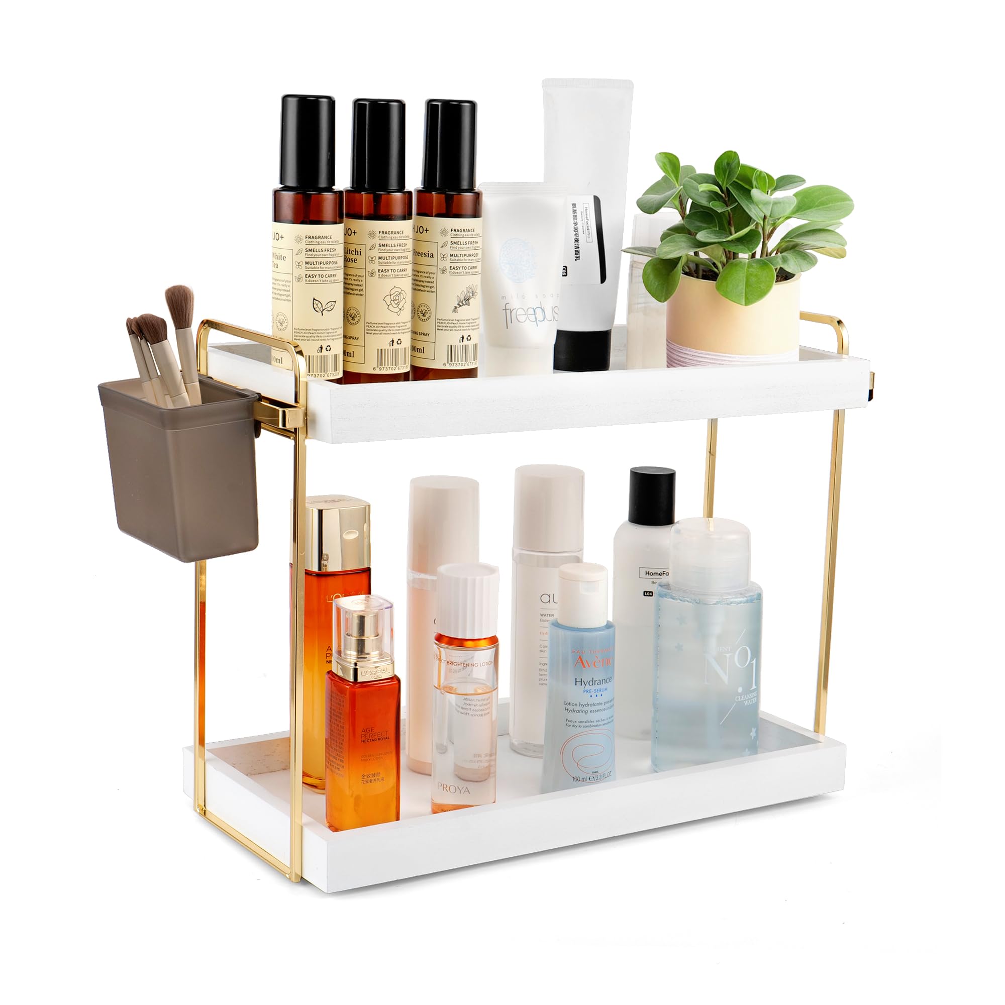 2-Tier Bathroom Counter Organizer, Countertop Perfume Tray and Vanity Organizer, Cosmetic Organizer Countertop, Wood Tray for Kitchen Counter Storage, Bathroom and Skincare Organization - White