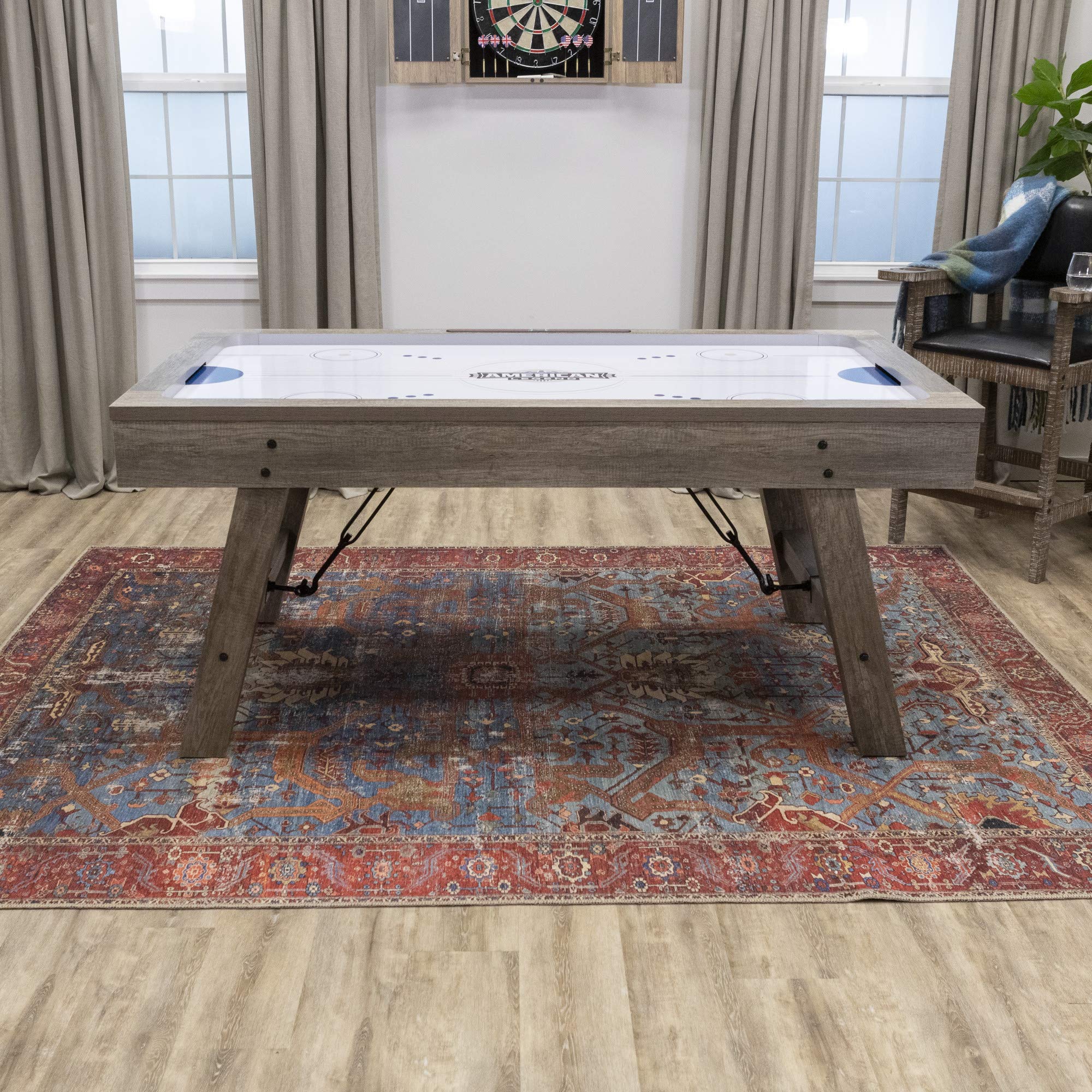 American Legend Brookdale Air-Powered Hockey Table with Rustic Wood Grain Finish, Angled Legs and Turnbuckle Accents Brown, 75.31"L x 38.98"W x 8.5"H