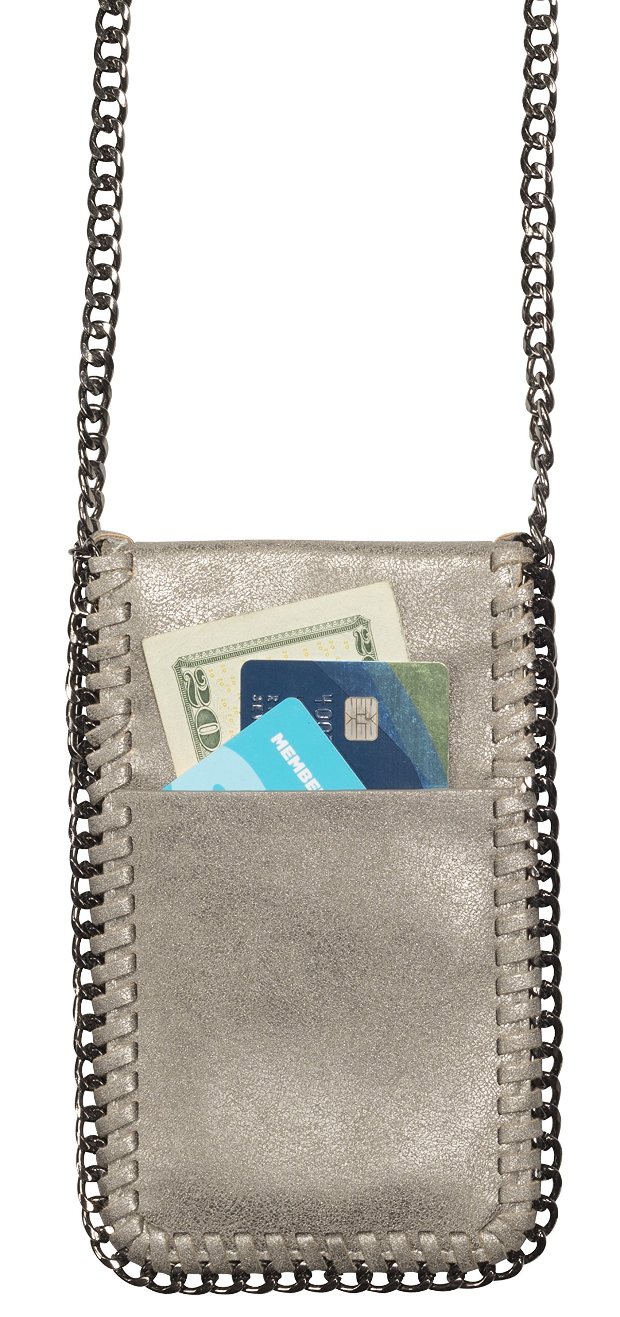 Amy & Aly Cellphone Bag Crossbody Slip Case for Smartphone with Chain Trim & Strap (Matte Silver)