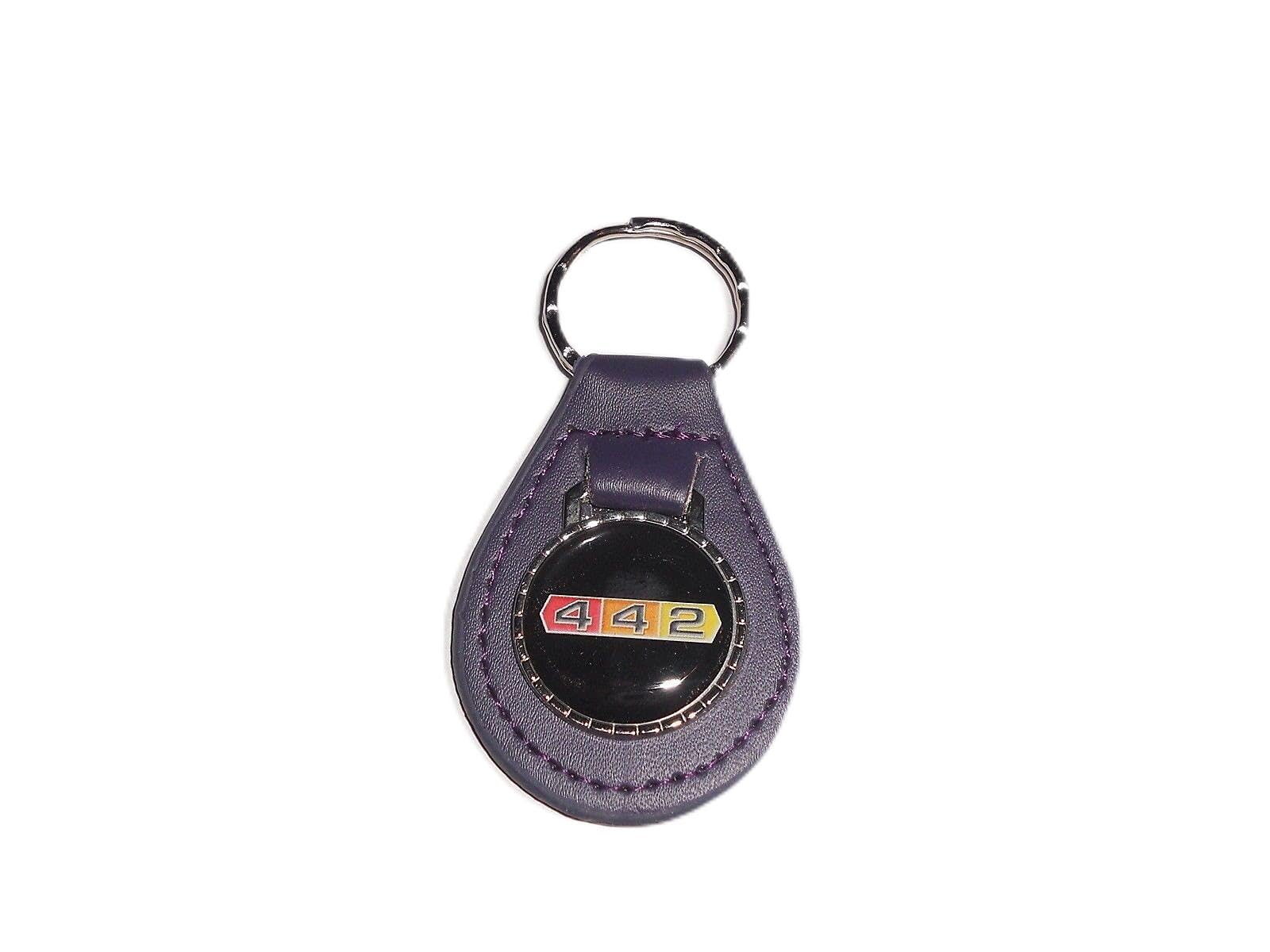 1965 1966 1967 1968 OLDS 442 4-4-2 TRI COLOR LOGO LEATHER KEYCHAIN - PURPLE