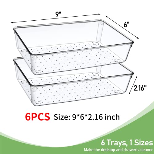 6 Pack Drawer Organizers, Plastic Clear Acrylic Non Slip Non Cracking kitchen drawer organizer Stackable Bathroom Drawer Organizer Trays, Storage Bins for Makeup, Bathroom, Kitchen Office