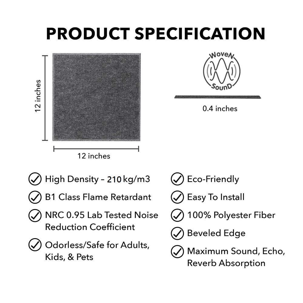 Acoustic Absorption Panels Zero Emission Sound Proofing Flame Retardant Panels, Use for Wall Decoration and Acoustic Treatment, 12 X 12 X 0.4 Inches 12 Packs (Snowy White)