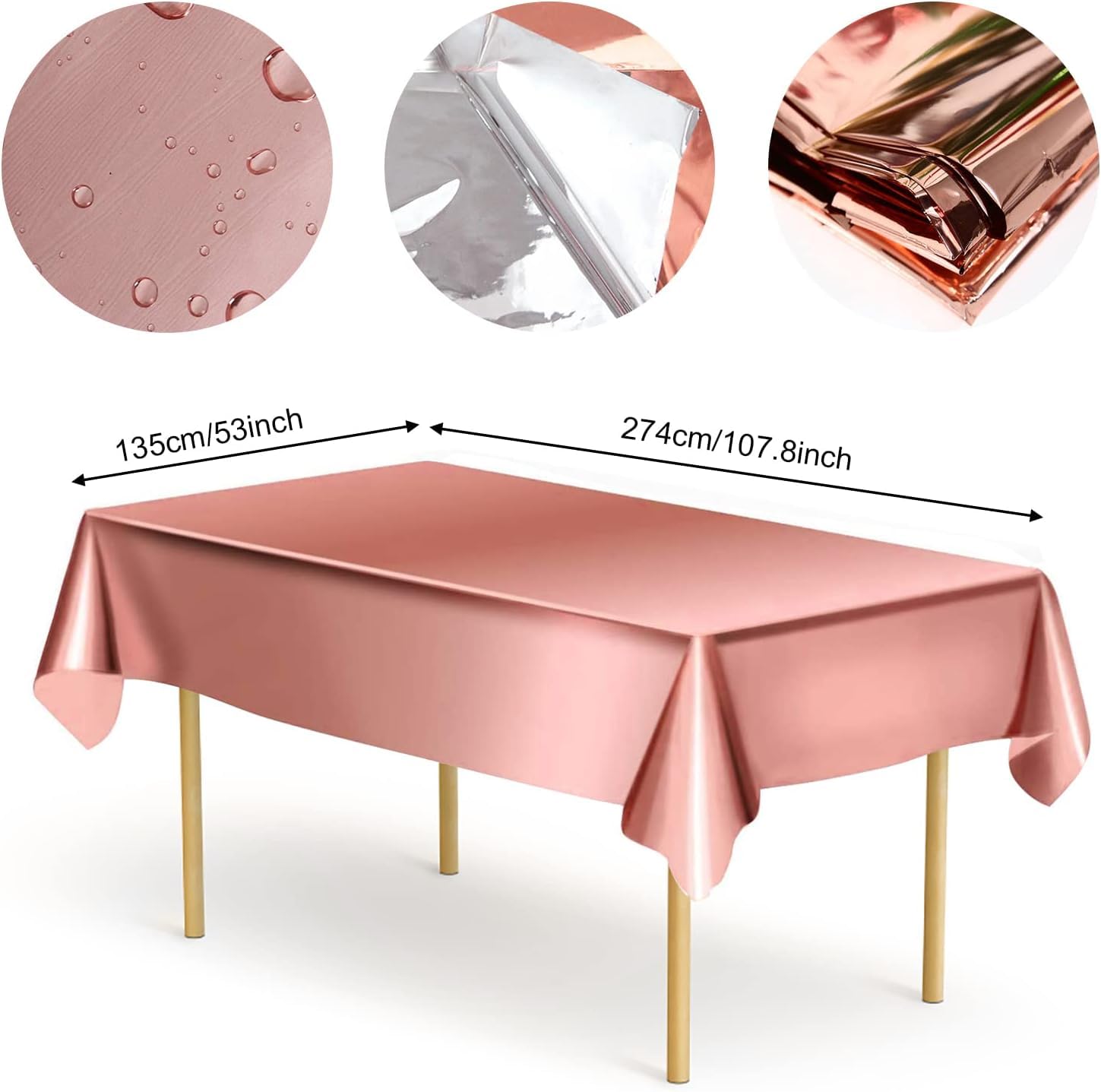 3 PCS Rose Gold Tablecloth, Rectangle Rose Gold Table Cloths for Parties, Metallic Tablecloths Plastic Pink Table Cover, Birthday Wedding Valentine's Day Bachelorette Party Supplies, 54 x 108 Inch