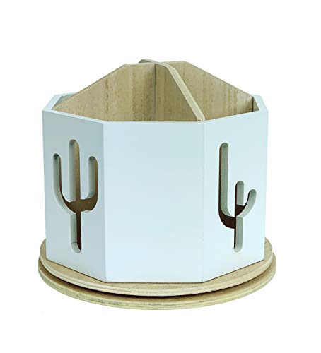 Designstyles Spinning Desktop Stationary Organizer – Decorative Wooden Rotating Pen and Pencil Cup – Desk and Table Top Office Supplies Station (White with Cactus cutout)