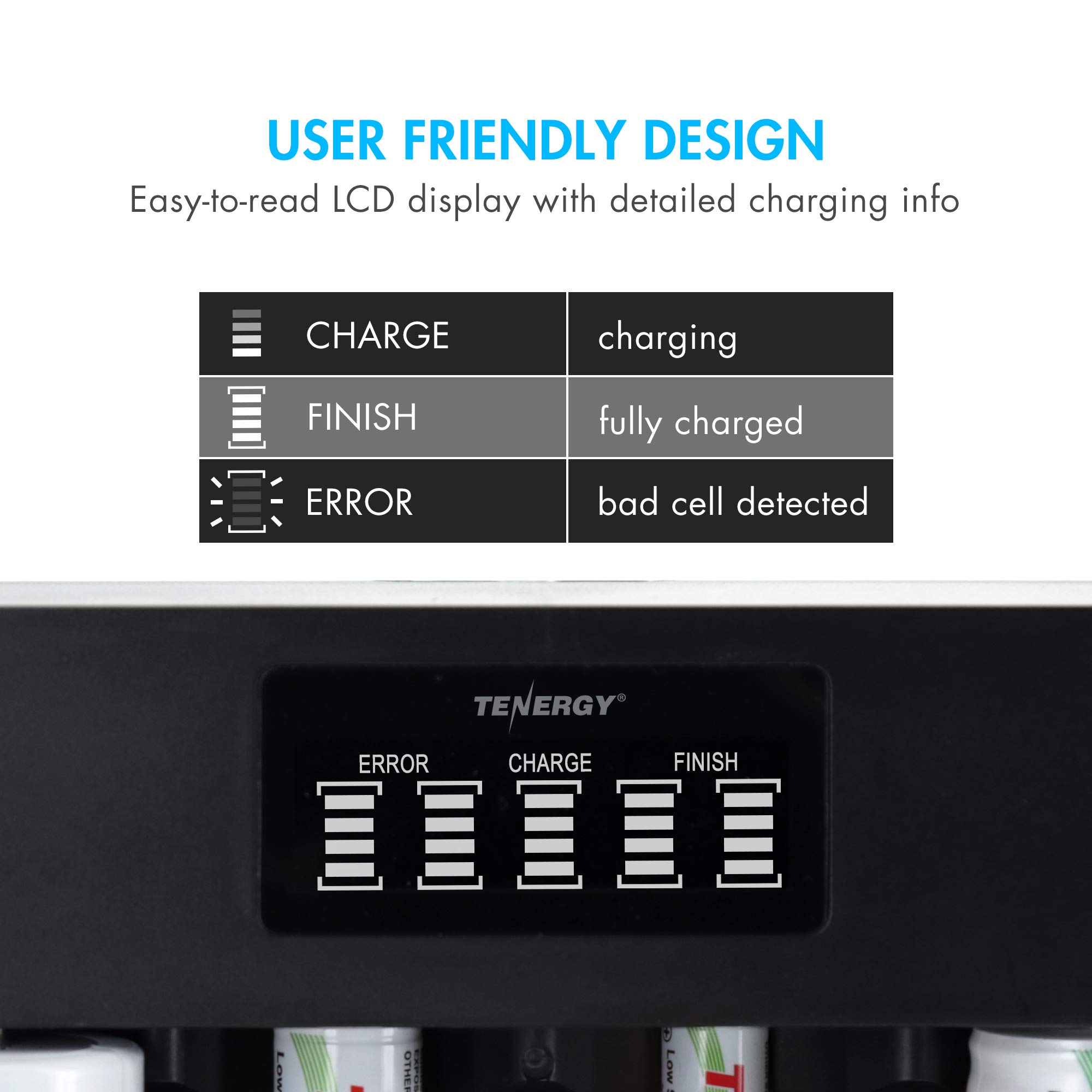 Tenergy TN486U 5-Bay Universal Battery Charger with LCD, Micro USB/Type C Input, for AA, AAA, C, D, and 9V Rechargeable Batteries