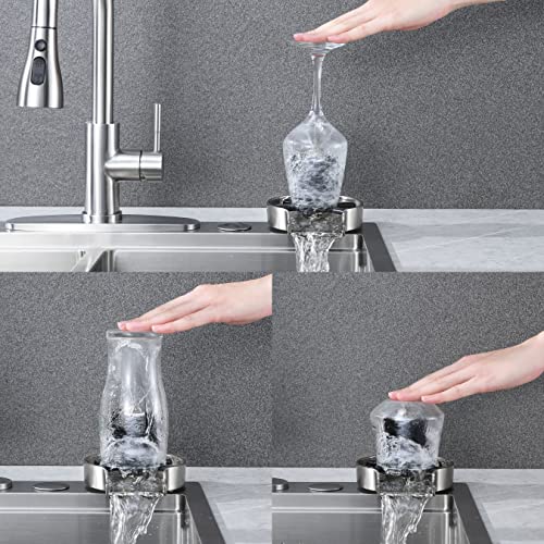 𝟮𝟬𝟮𝟯 𝗡𝗲𝘄 Metal Glass Rinser for Kitchen Sink - 360° Rotary Cup Washer with Brush, Faucet Cup Rinser Cleaner Kitchen Sink Bottle Washer for Bar, Brushed Nickel