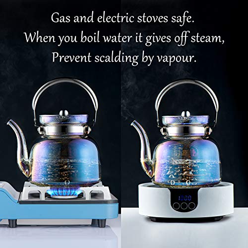 E-liu 50 oz(1500ml) Glass Teapot Kettle with Lid, Removable Stainless Steel Infuser and Handle, Stovetop Safe Tea Maker for Blooming and Loose Leaf Tea(Iridescent)
