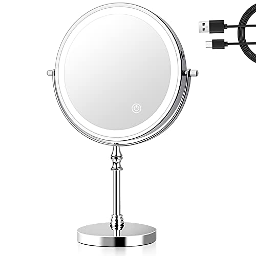 UUCOLOR Makeup Mirror with Lights USB Rechargeable 8 Inch 3 Color Lights Two Sided 1X/10X Magnification LED Vanity Mirror Touch Control Intelligent Shutdown 360° Light up Mirror Chrome Finish