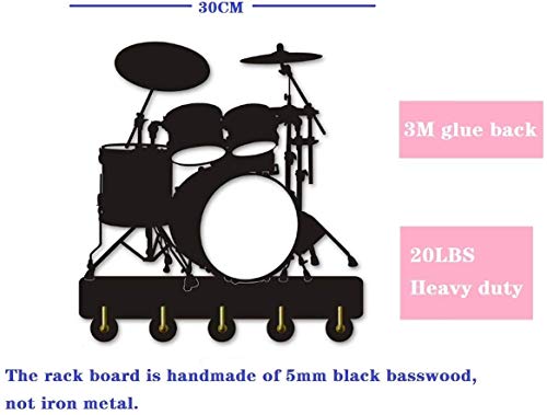 Musical Instrument Drum kit Key Hook Wall Door Clothes Coat Hat Hanger Key Holder with 5 Hooks Strong Adhesive Sticker Wood Hook,Drummer Gift,Brithday Gift.