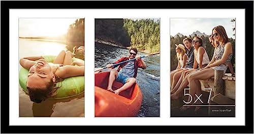 Americanflat 8x16 Collage Picture Frame in Black - Displays Three 5x7 Frame Openings - Engineered Wood Panoramic Picture Frame with Shatter Resistant Glass, Hanging Hardware, and Easel