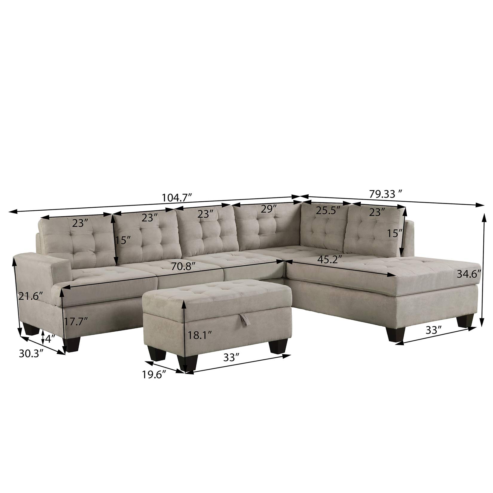 3 Piece Sectional Sofa, L-Shaped Sofa Couch, Living Room Rivet Modern Upholstered Set with Ottoman and Cushions (Gray with Chaise)