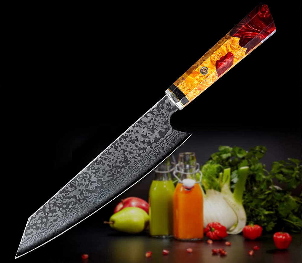 I.B.O Damascus steel kitchen knife 8 inch Japanese chef kitchen knife stabilized wood resin cured wood octagonal handle