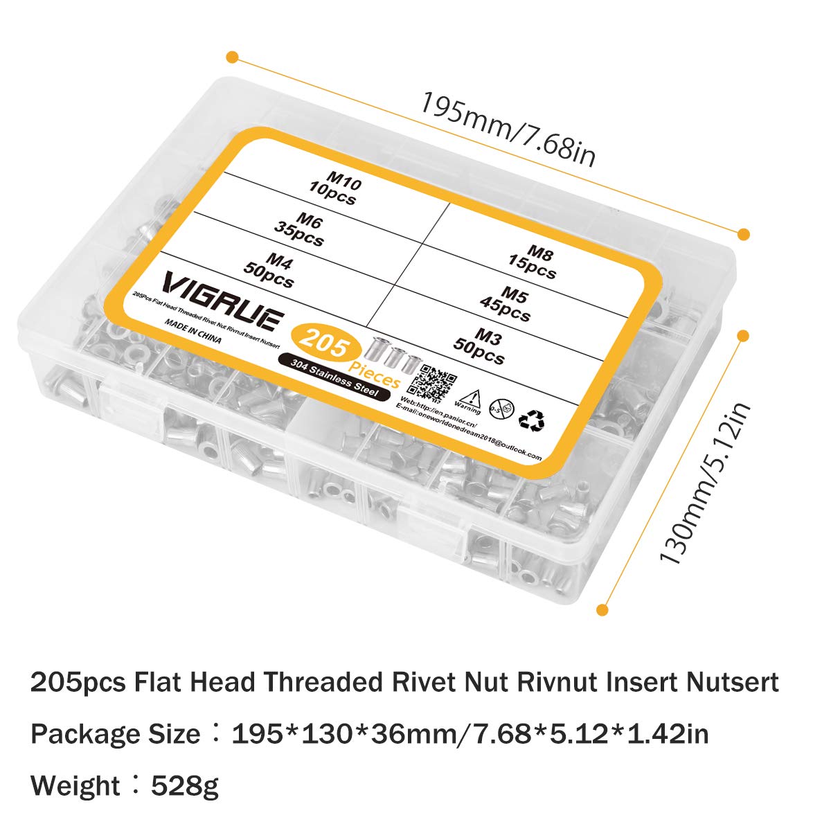 VIGRUE 205PCS 304 Stainless Steel Rivet Nut Assort Set Flat Head Threaded Rivetnut Insert Nutserts Assortment Kit(M3| M4| M5| M6| M8| M10)