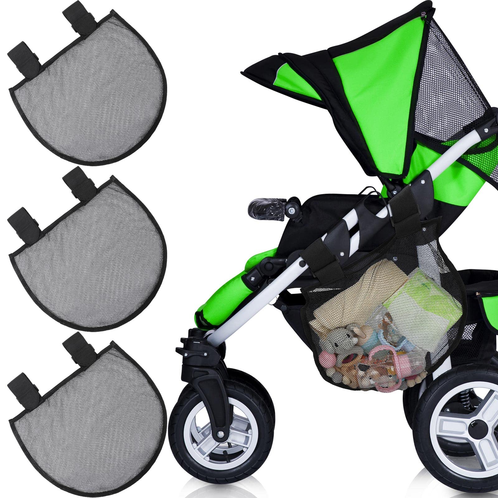 3 Pack Stroller Storage Side Sling Cargo Net Universal Baby Stroller Organizers Mesh Stroller Storage Stroller Accessories with Non Slip Adjustable Hook and Loop Straps for Bottle Milk Powder Diaper